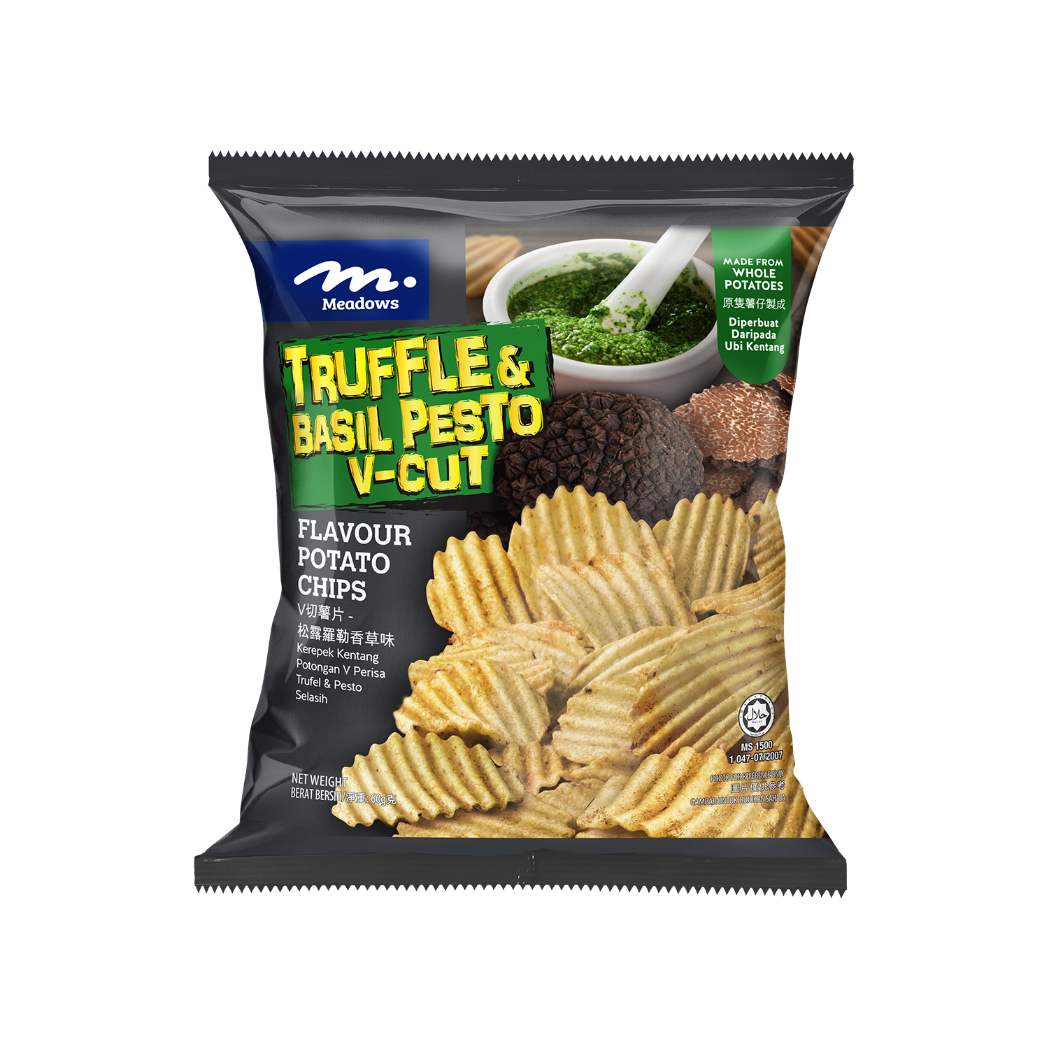 Meadows Truffle & Basil Pesto Potato Chips 60g - Bronze Quality Award ...